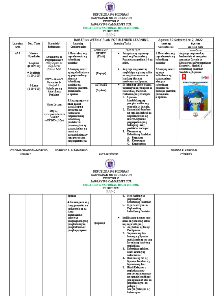 Esp 9-Jdm - Raiseplus Weekly Plan For Blended Learning | PDF