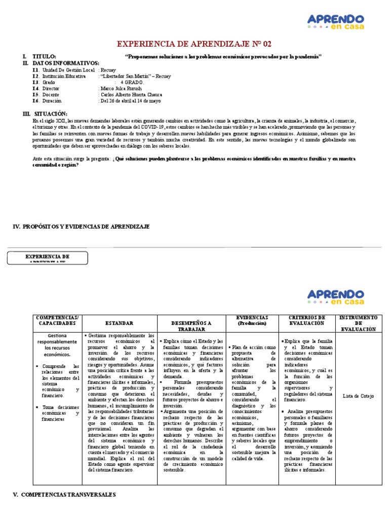 Experiencia de Aprendizaje #02 | PDF | Aprendizaje | Evaluación