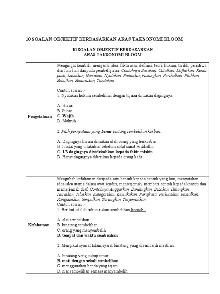 10 Soalan Objektif Berdasarkan Aras Taksonomi Bloom | PDF