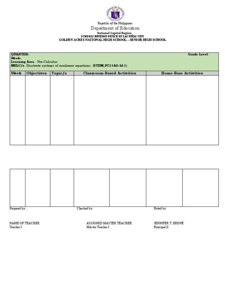 Department of Education: Week Objectives Topic/s Classroom-Based ...