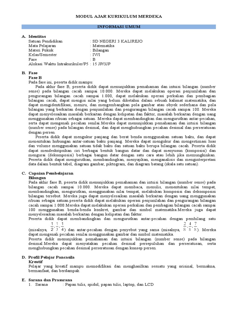 15 Modul Ajar Matematika 4 SMT 1 | PDF | Karier & Perkembangan