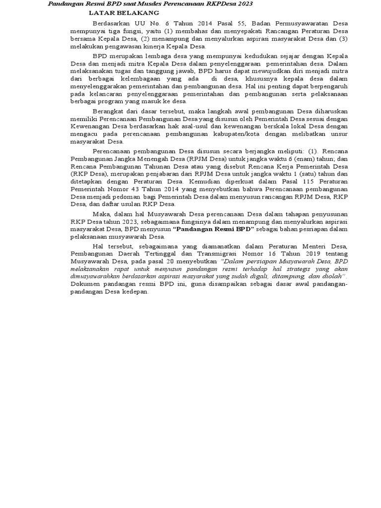 Pandangan Resmi BPD Saat Musdes Perencanaan RKPDesa 2023 | PDF