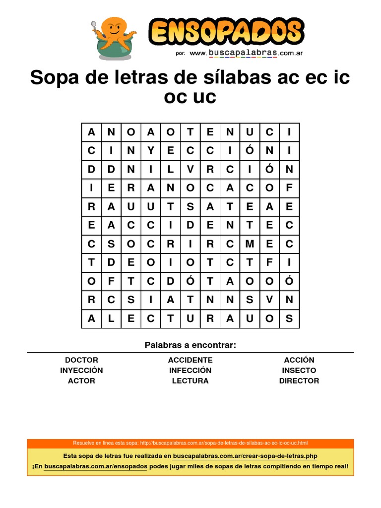 Sopa de Letras de Sílabas Ac Ec Ic Oc Uc | PDF