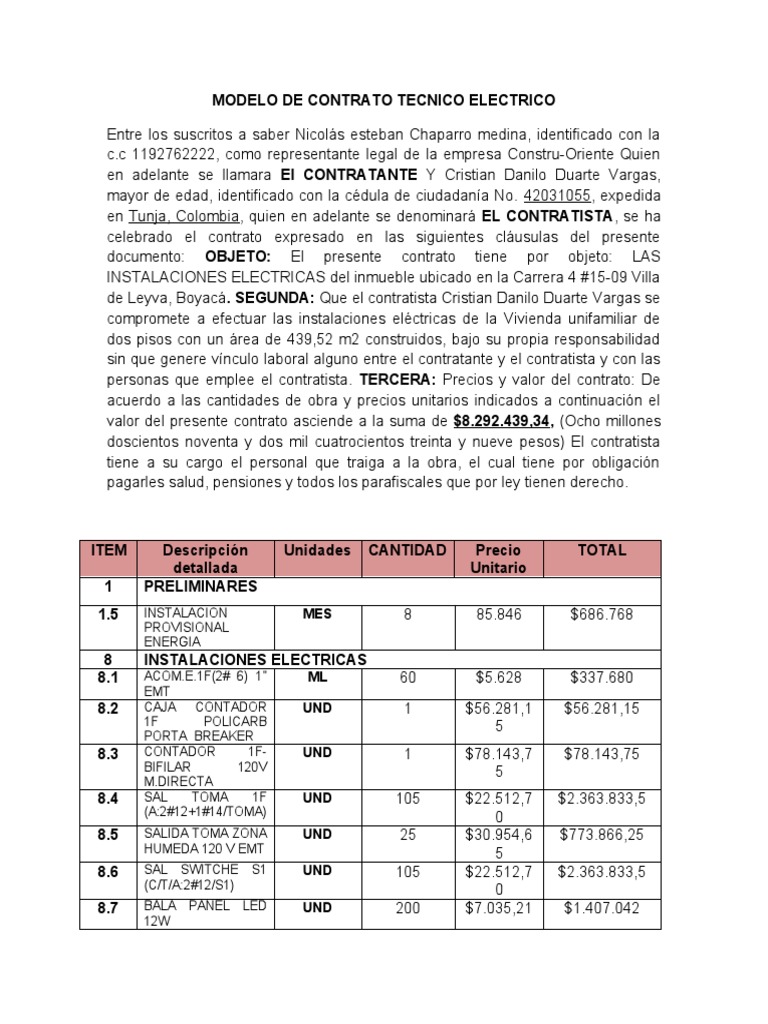 Contrato Tecnico Electricista | PDF