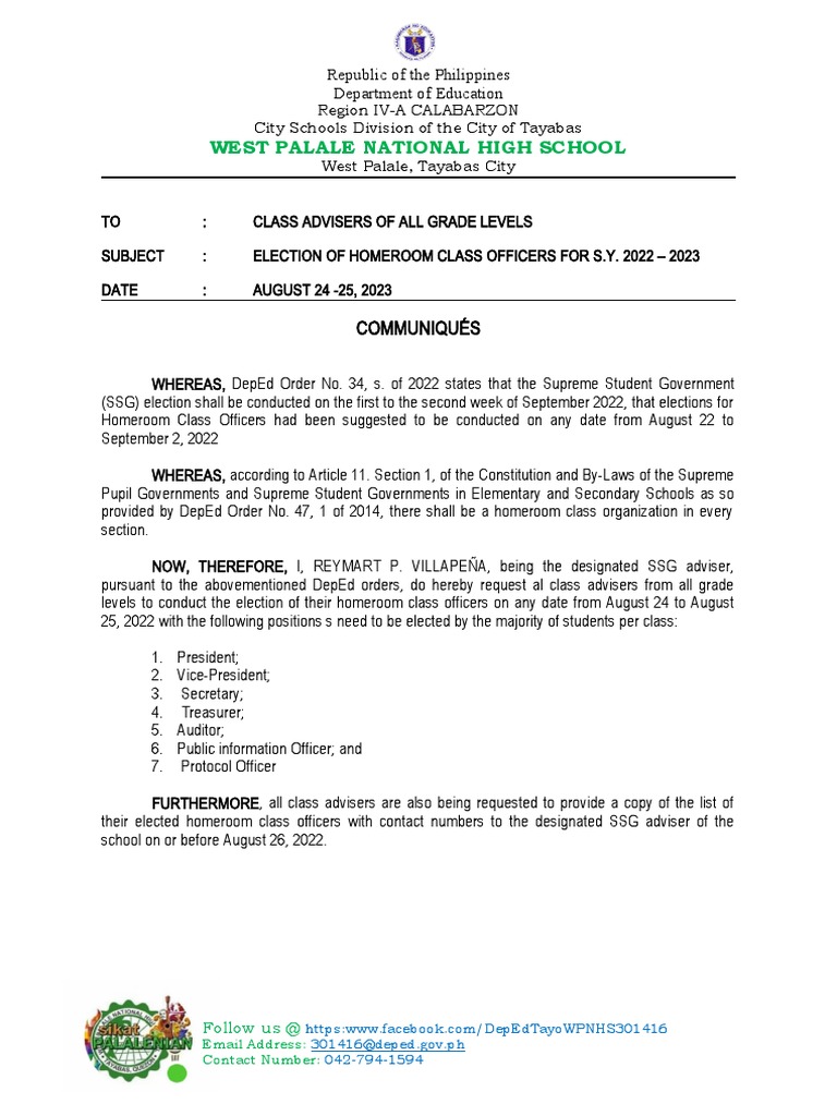 Homeroom Class Officers Election | PDF | Public Law | Justice