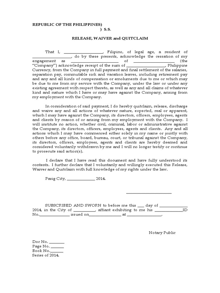 Republic of The Philippines) ) S.S. Release, Waiver and Quitclaim | PDF | Law