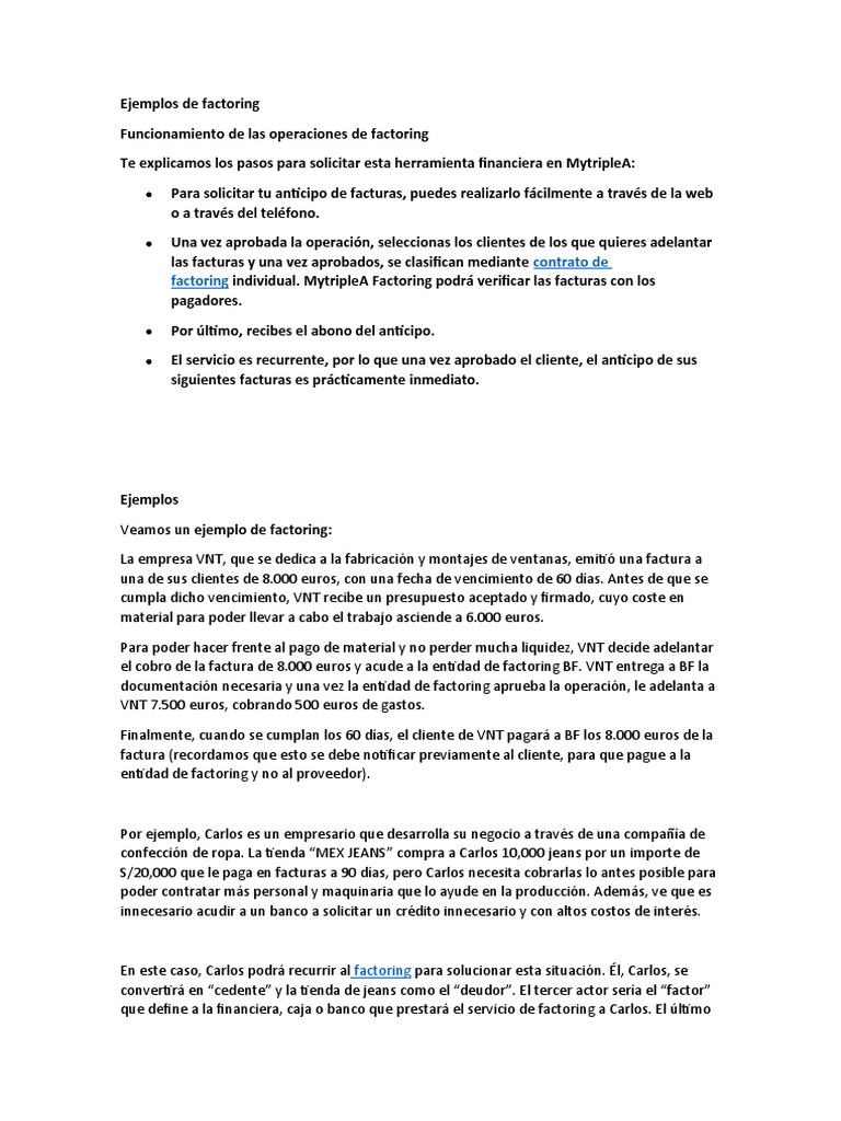 Ejemplos de Factoring | PDF | Bancos | Factoring (Finanzas)