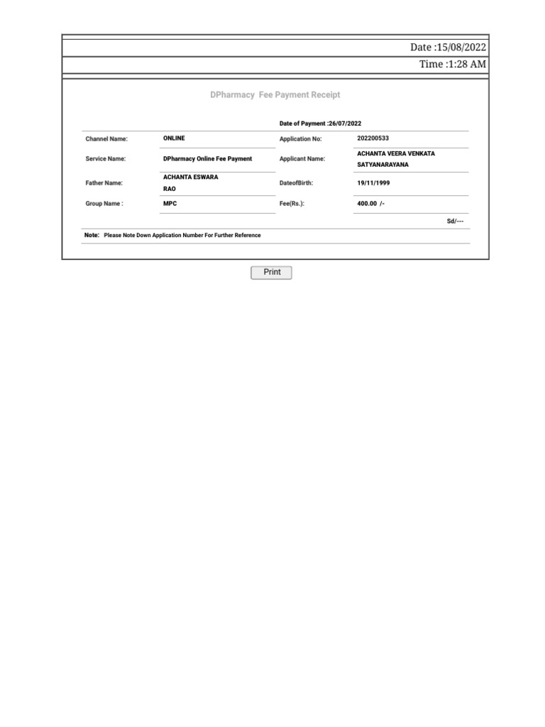 Dpharmacy Fee Payment Receipt: Date:15/08/2022 Time:1:28 Am | PDF
