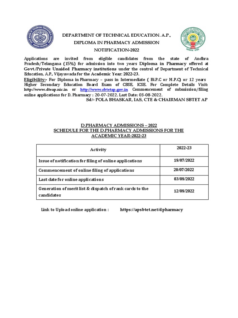 D. Pharmacy Admission Notification 2022-23 | PDF | Pharmacist ...
