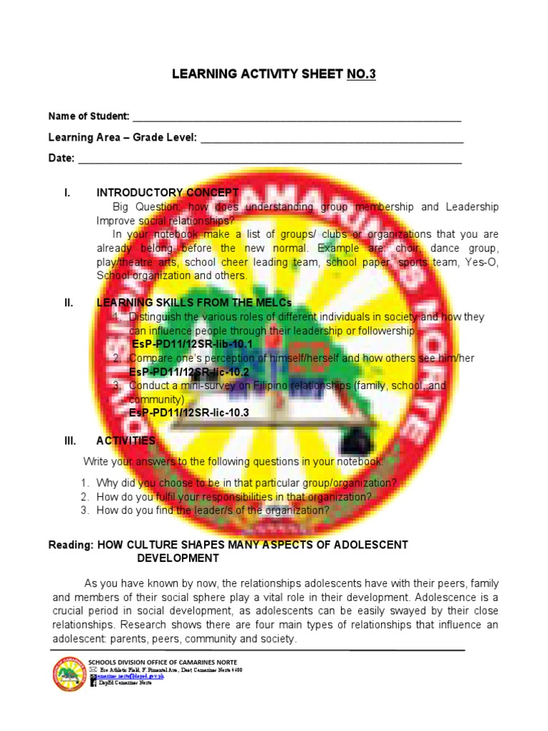 Learning Activity Sheet No.3: Learning Area - Grade Level: Date: I. Introductory Concept | PDF ...