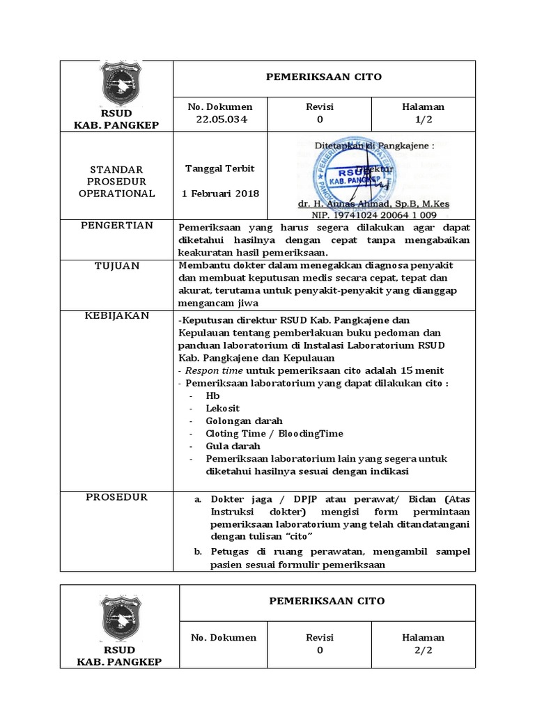 Sop Pemeriksaan Cito | PDF