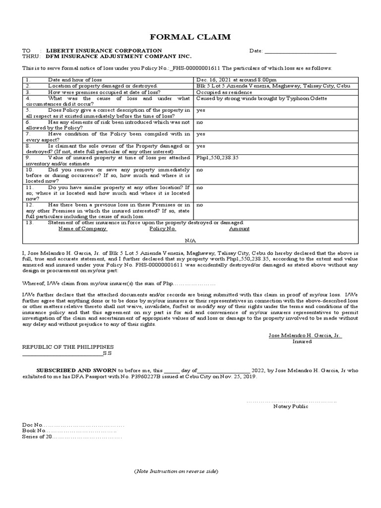 Formal Claim for Typhoon Damage | PDF | Insurance | Private Law