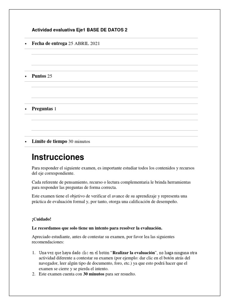 Actividad Evaluativa Eje1 BASE de DATOS 2 | PDF | Bases de datos | Prueba (evaluación)