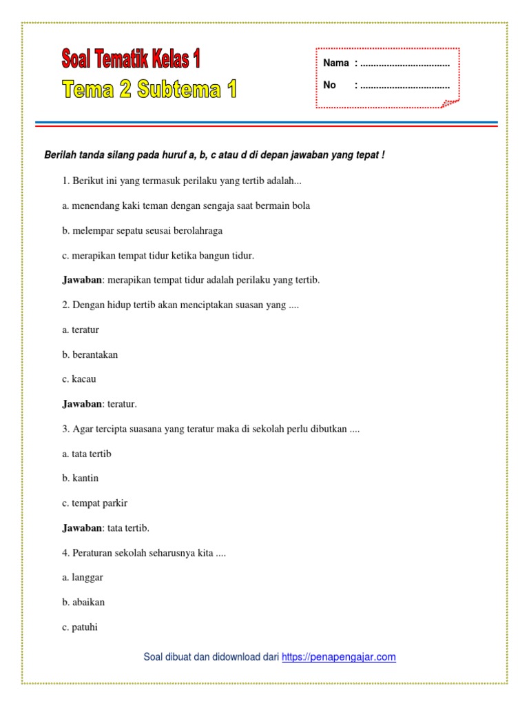 Soal Tematik Kelas 1 Tema 2 Subtema 1 Da | PDF
