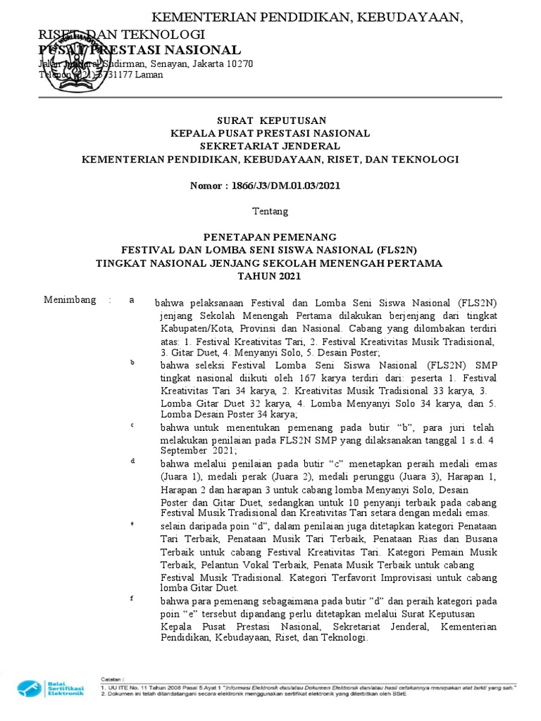 SK Pemenang FLS2N SMP Tingkat Nasional | PDF