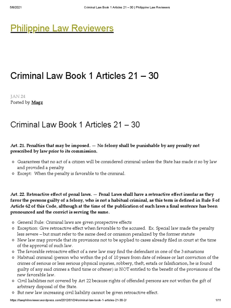 Philippine Criminal Law Articles 21-30 | PDF | Ex Post Facto Law ...