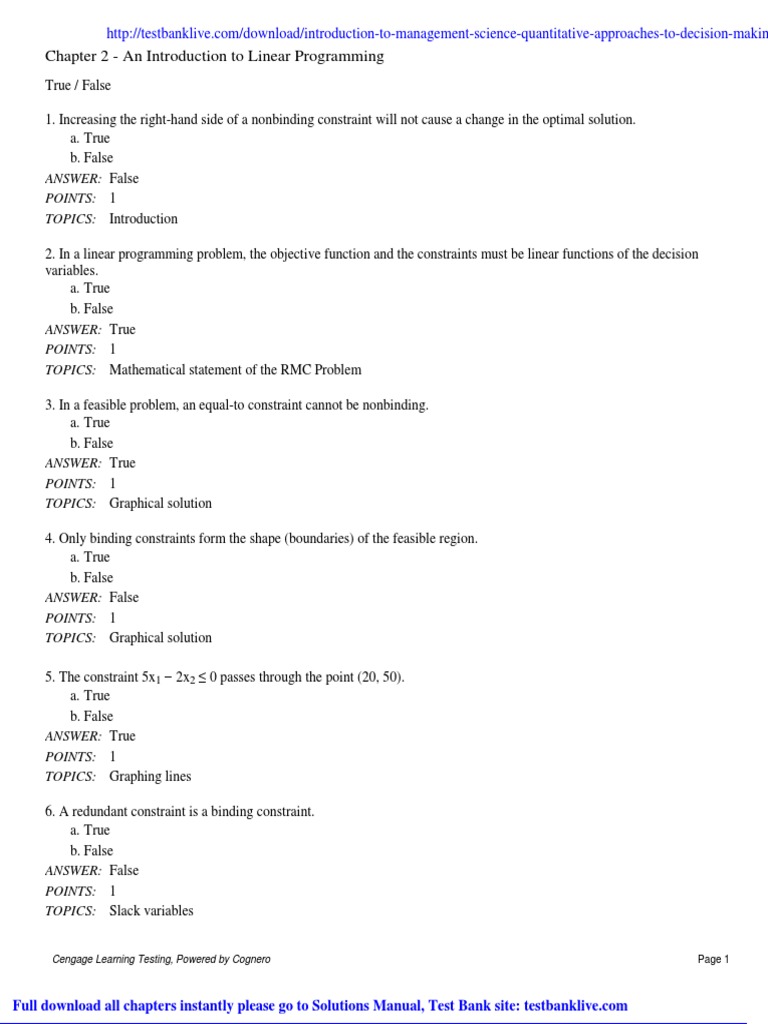 Chapter 2 - An Introduction To Linear Programming: Answer: Points: Topics | PDF | Linear ...