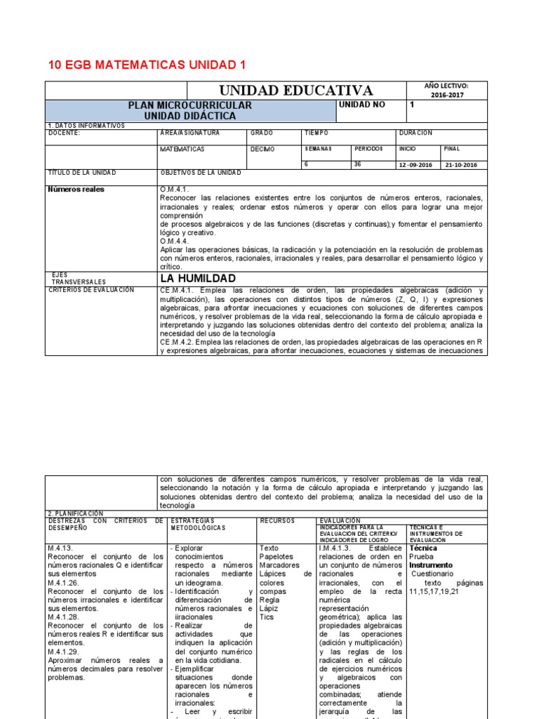 2 M 10mo. EGB Planif Por Unidad Didáctica | PDF | Ecuaciones | Números