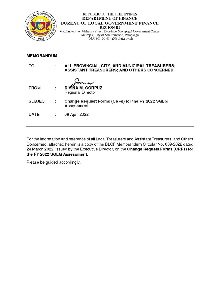 BLGF Memorandum re Change Request Forms (CRFs) for the FY 2022 SGLG ...