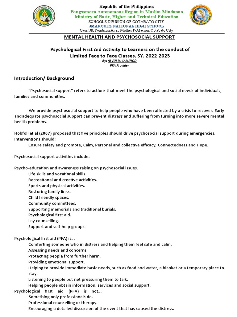 Mental Health and Psychosocial Support Psychological First Aid Activity ...