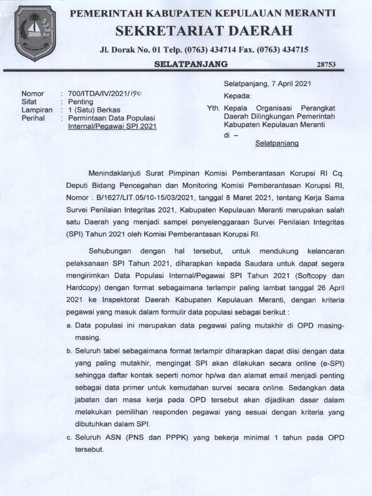 Surat Permintaan Data Populasi Internal SPI | PDF
