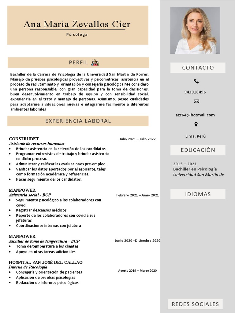 Ana María Zevallos: Psicóloga y Experiencia Laboral | PDF | Sicología