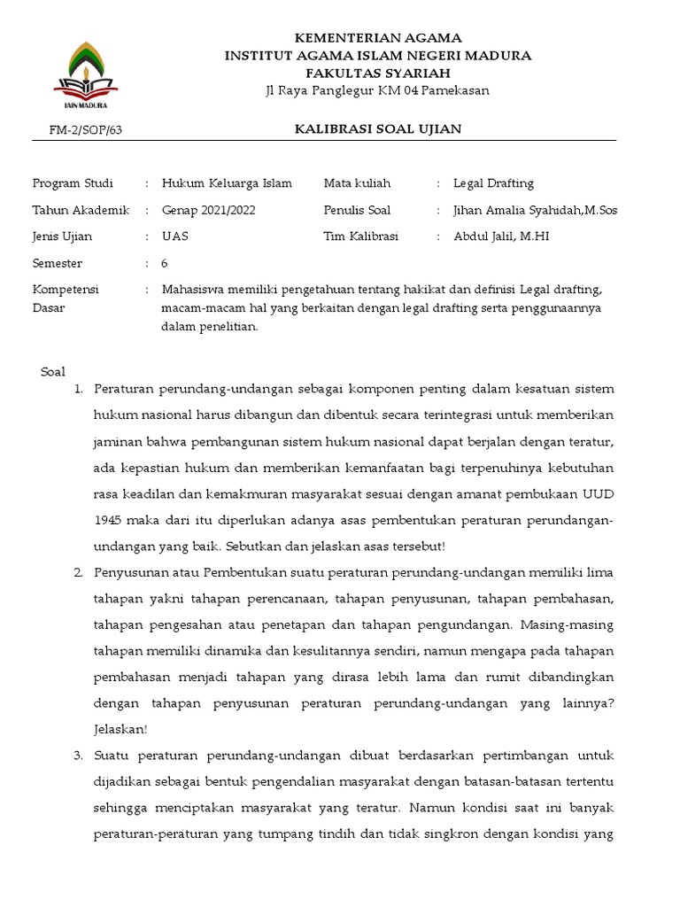 Kalibrasi Soal Uas Hki Legal Drafting | PDF