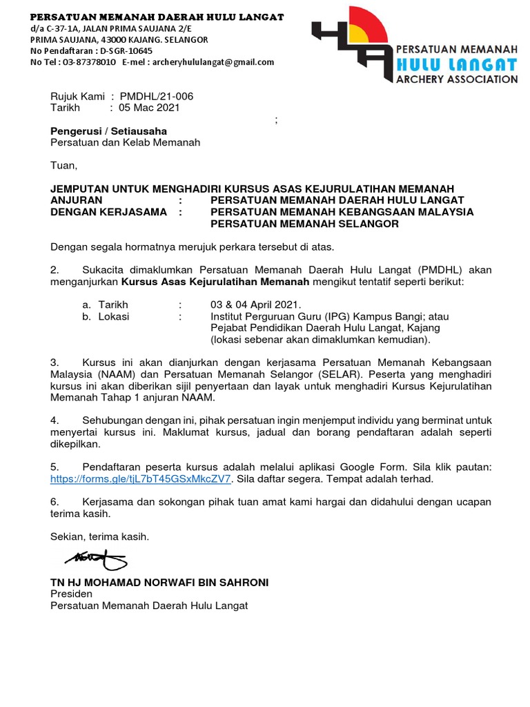 Surat Jemputan Kursus Asas Kejurulatihan Memanah 5-3-2021 | PDF