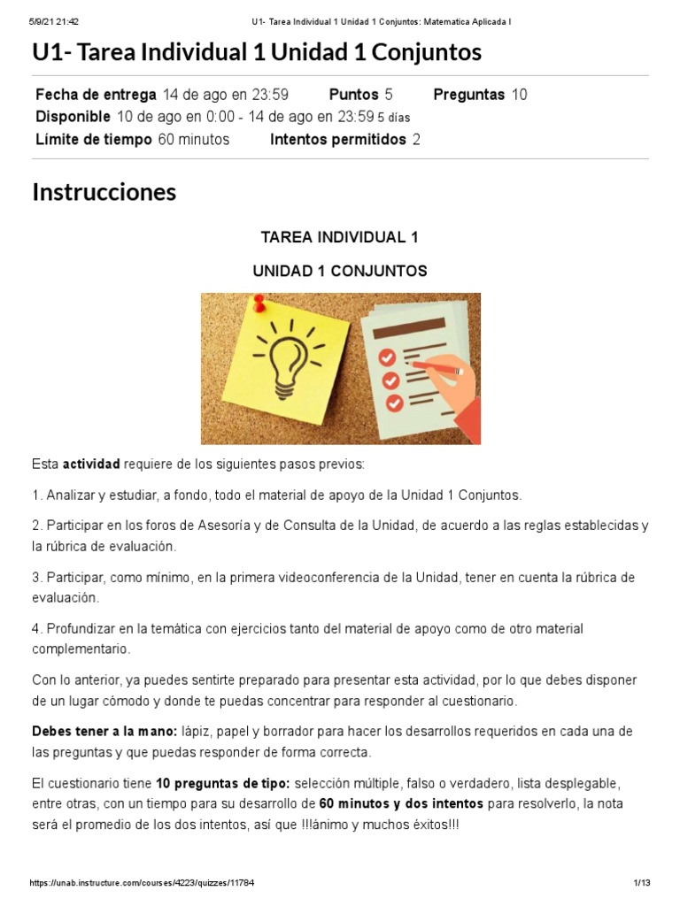 U1 - Tarea Individual 1 Unidad 1 Conjuntos - Matematica Aplicada I | PDF | Conjunto (Matemáticas ...
