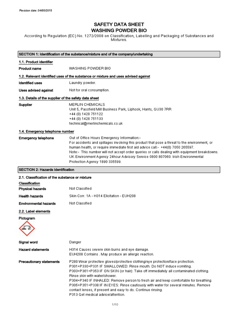 Washing Powder MSDS | PDF | Personal Protective Equipment | Toxicity