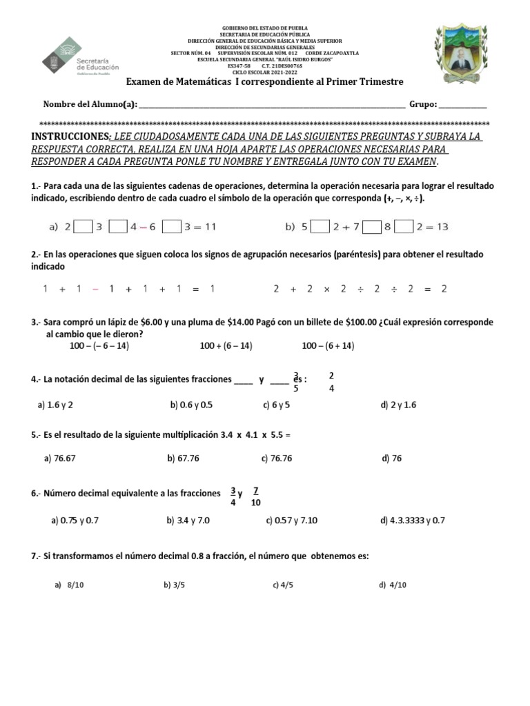 Examen de Mate I Primer Trimestre 21-22 | PDF | Prueba (evaluación ...