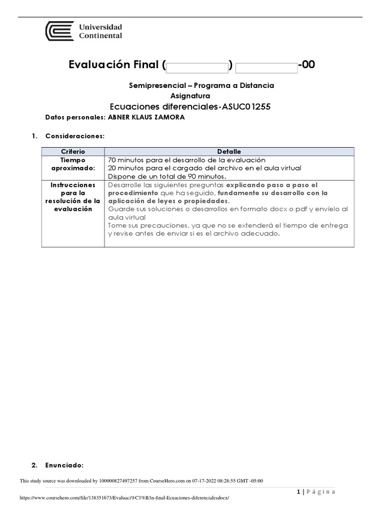Evaluaci N Final Ecuaciones Diferenciales | PDF | Ecuaciones | Fuerza
