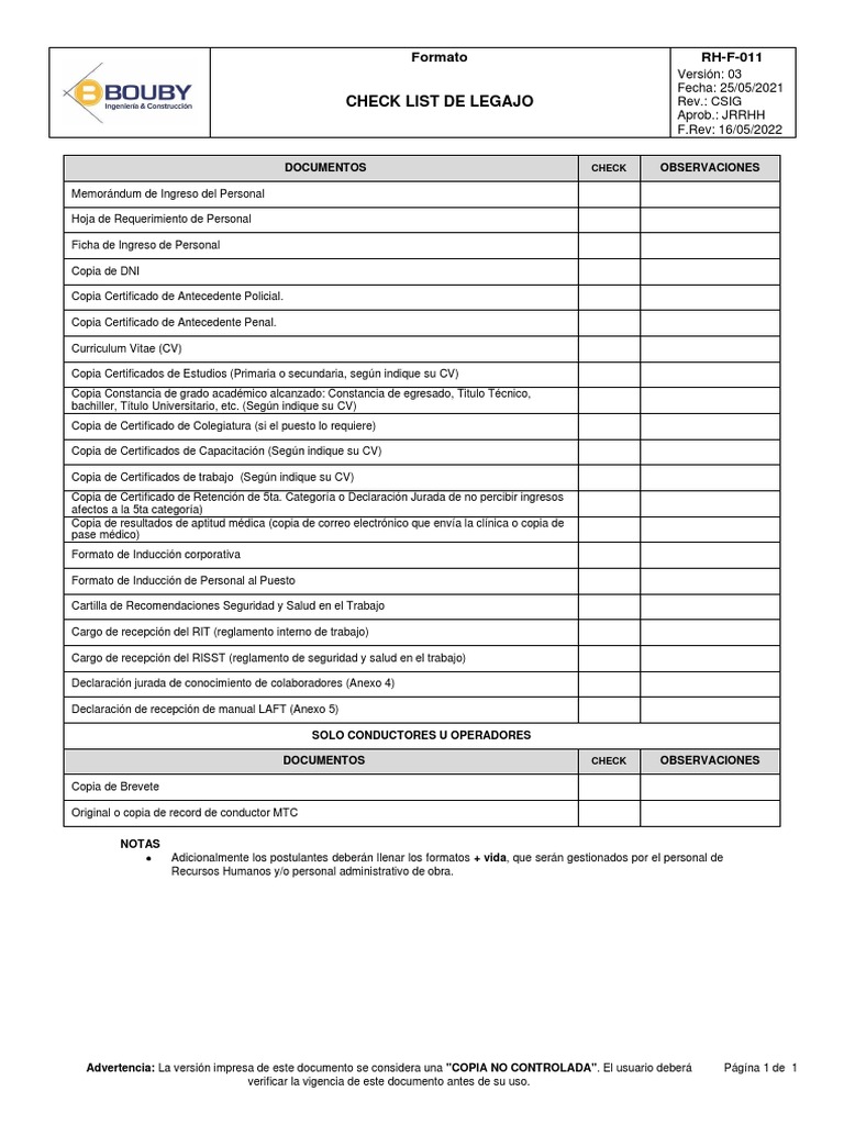 Checklist completo para el ingreso de nuevo personal | PDF | Gestión de recursos humanos | Business
