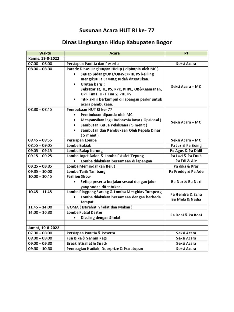 DLH 2022 - Susunan Acara HUT RI Ke 77 | PDF