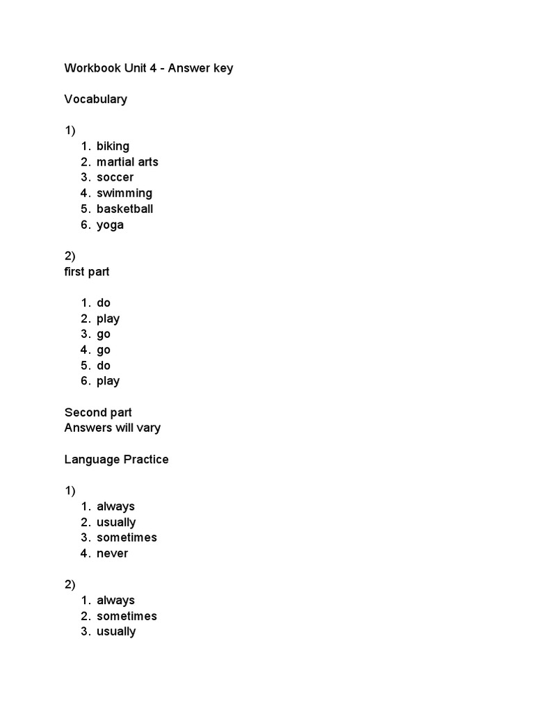 Unit 4 Workbook Answer Key | PDF | Cooking, Food & Wine | Wellness