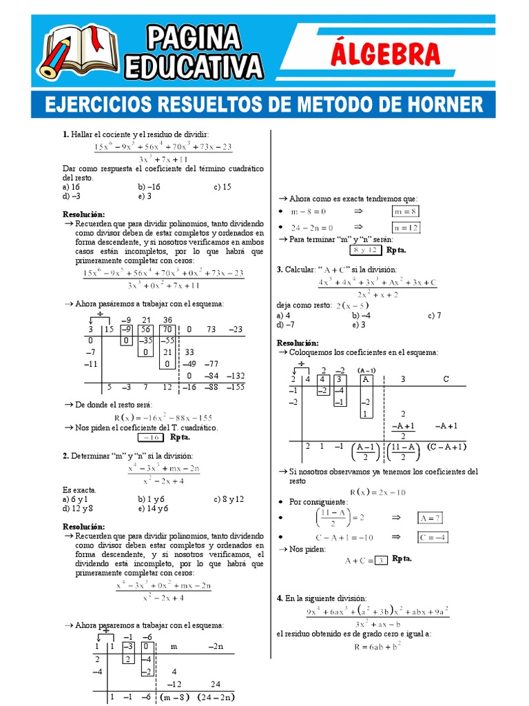 Ejercicios Resueltos Del Metodo de Horner Pagina Educativa | PDF ...