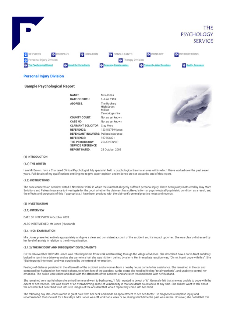 Psychological Report for Personal Injury | PDF | Anxiety | Mental Disorder