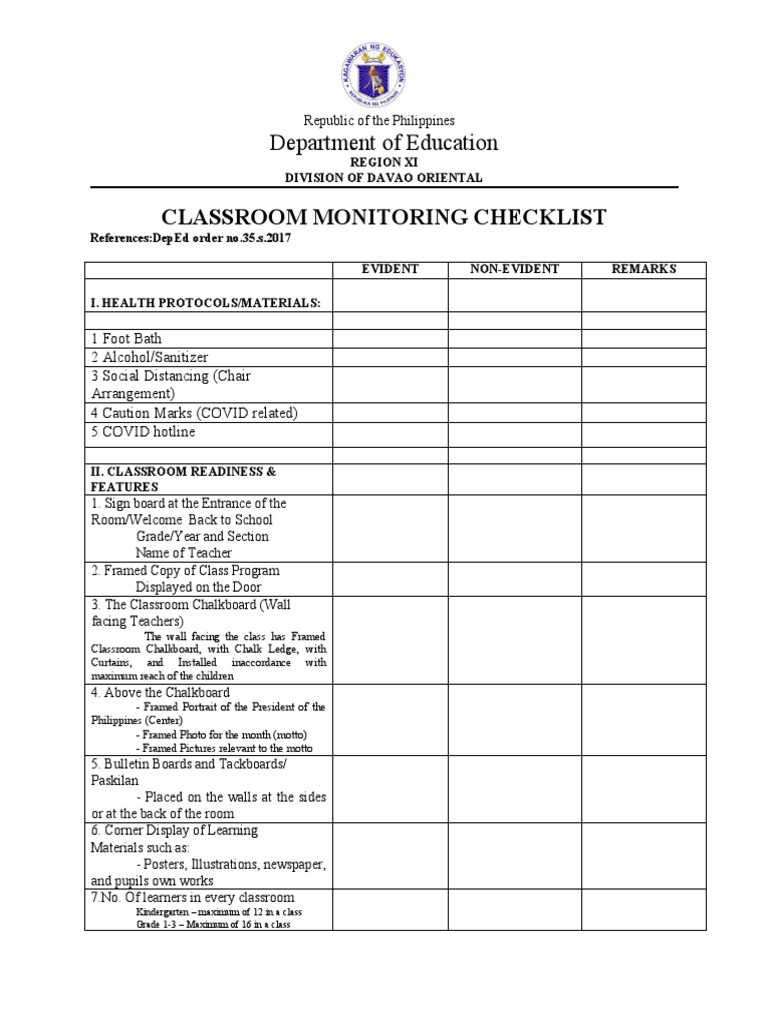 Classroom Monitoring Checklist: Department of Education | Download Free ...