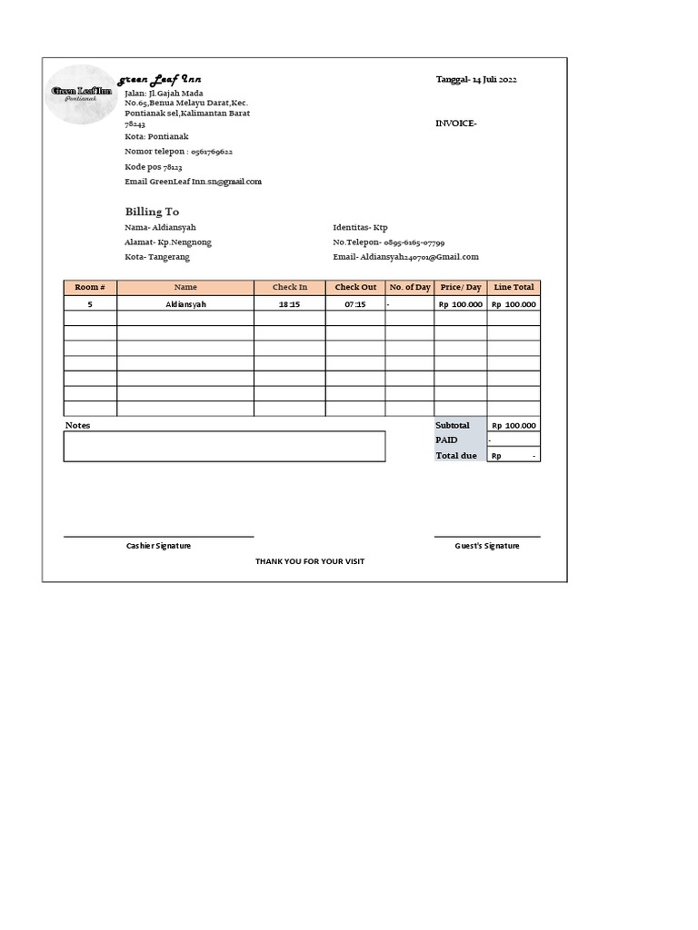 Invoice Nota Hotel | PDF