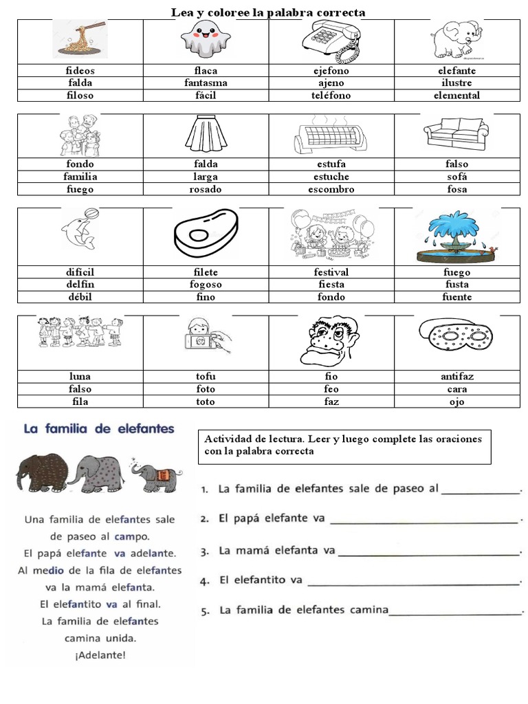 Completa la actividad de lectura coloreando las palabras correctas | PDF