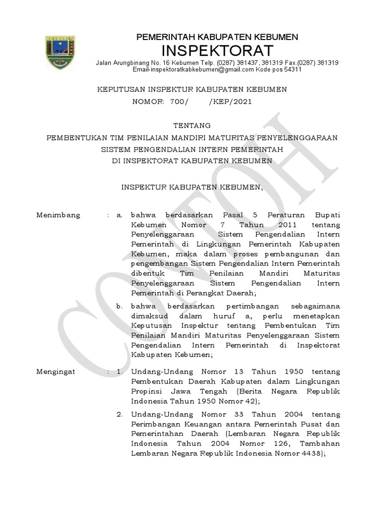 Inspektorat - Kebumenkab - Go - Id - 020821 Contoh Keputusan Kepala Opd ...