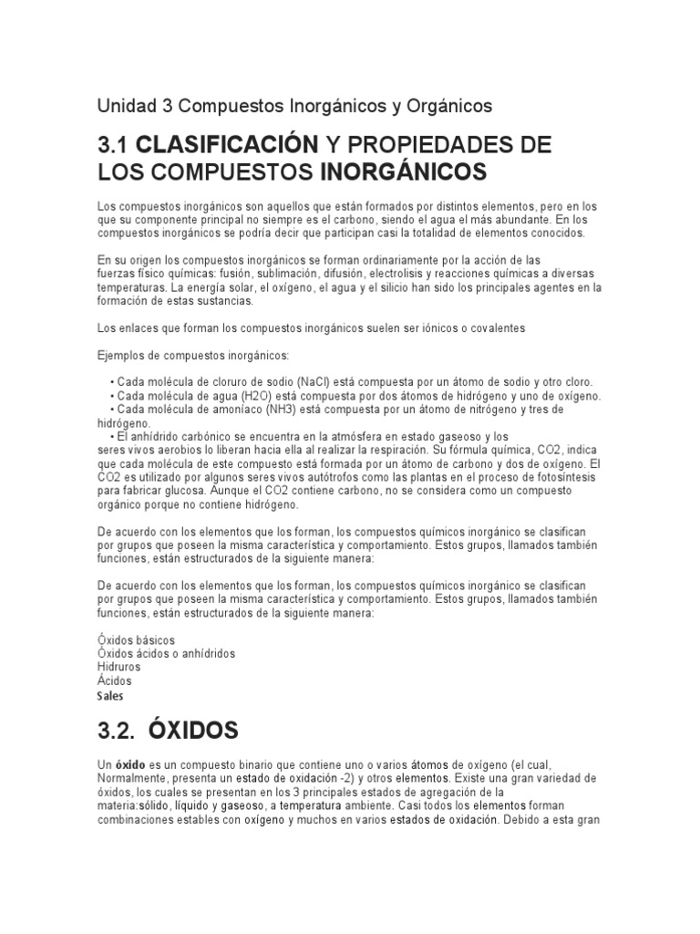 Unidad 3 Compuestos Inorgánicos y Orgánicos | PDF | Óxido | Compuestos químicos