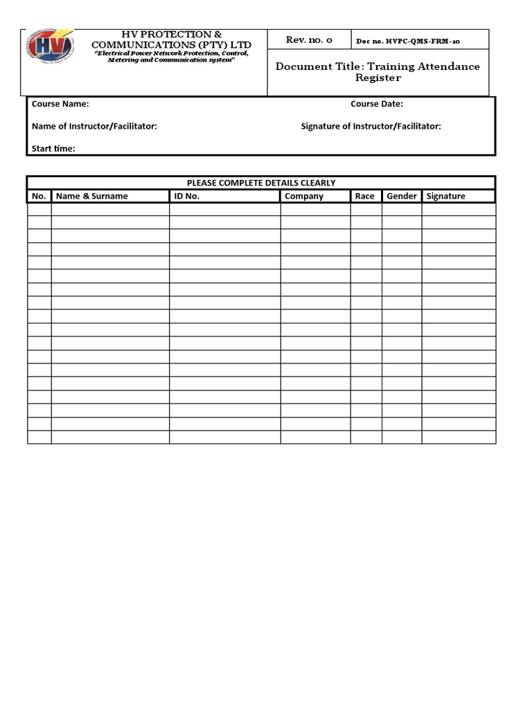 QMS-FRM-10 Training Attendance Register | PDF