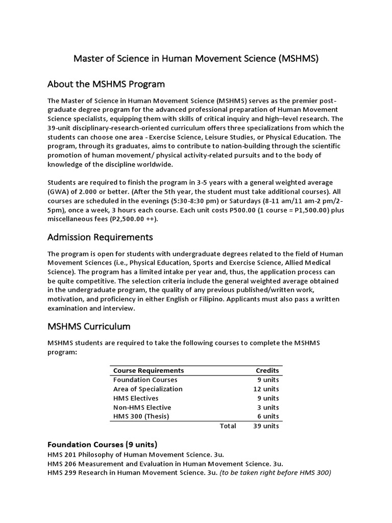 Master of Science in Human Movement Science (MSHMS) About The MSHMS ...