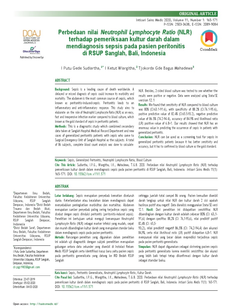 Perbedaan Nilai Neutrophil Lymphocyte Ratio (NLR) | PDF | Sensitivity ...