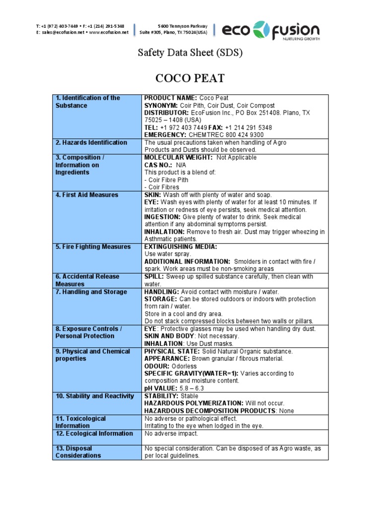 Coco Peat: Safety Data Sheet (SDS) | PDF | Materials | Occupational ...