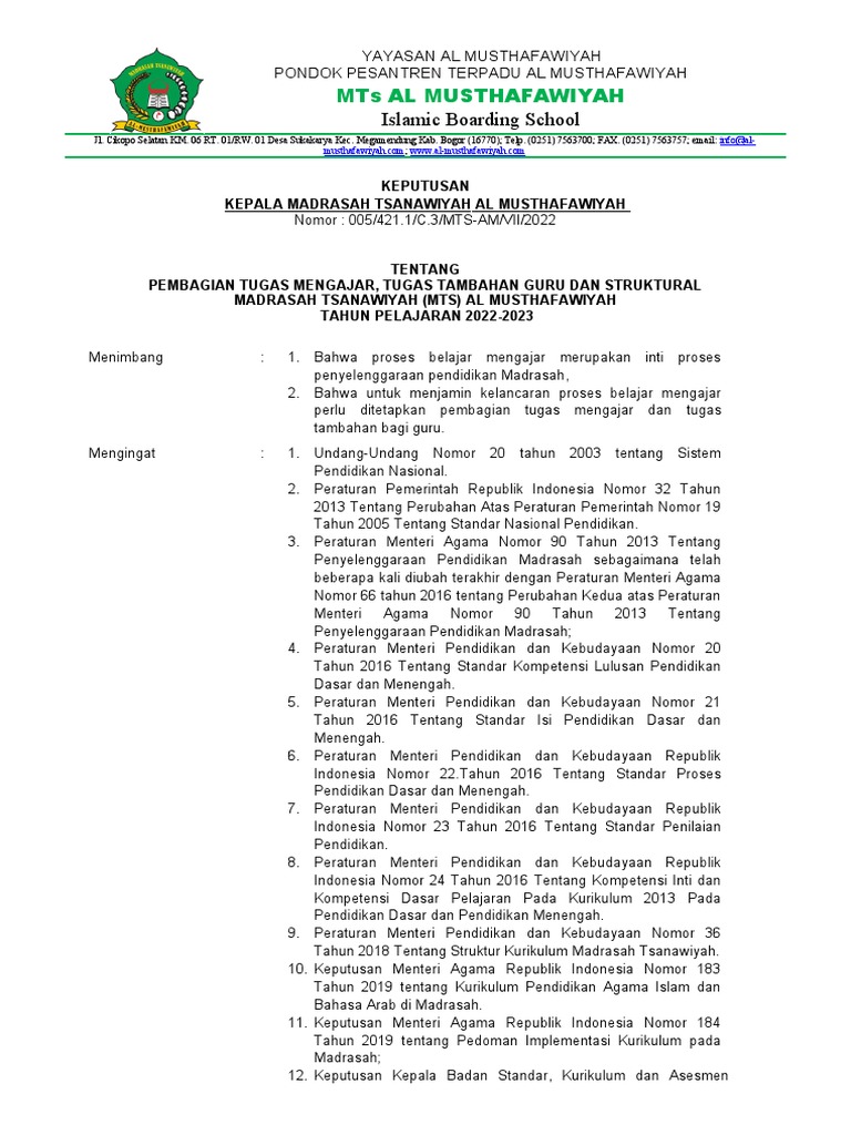 SK Distribusi Jam Mengajar Dan Struktural MTS TP.2022-2023 | PDF