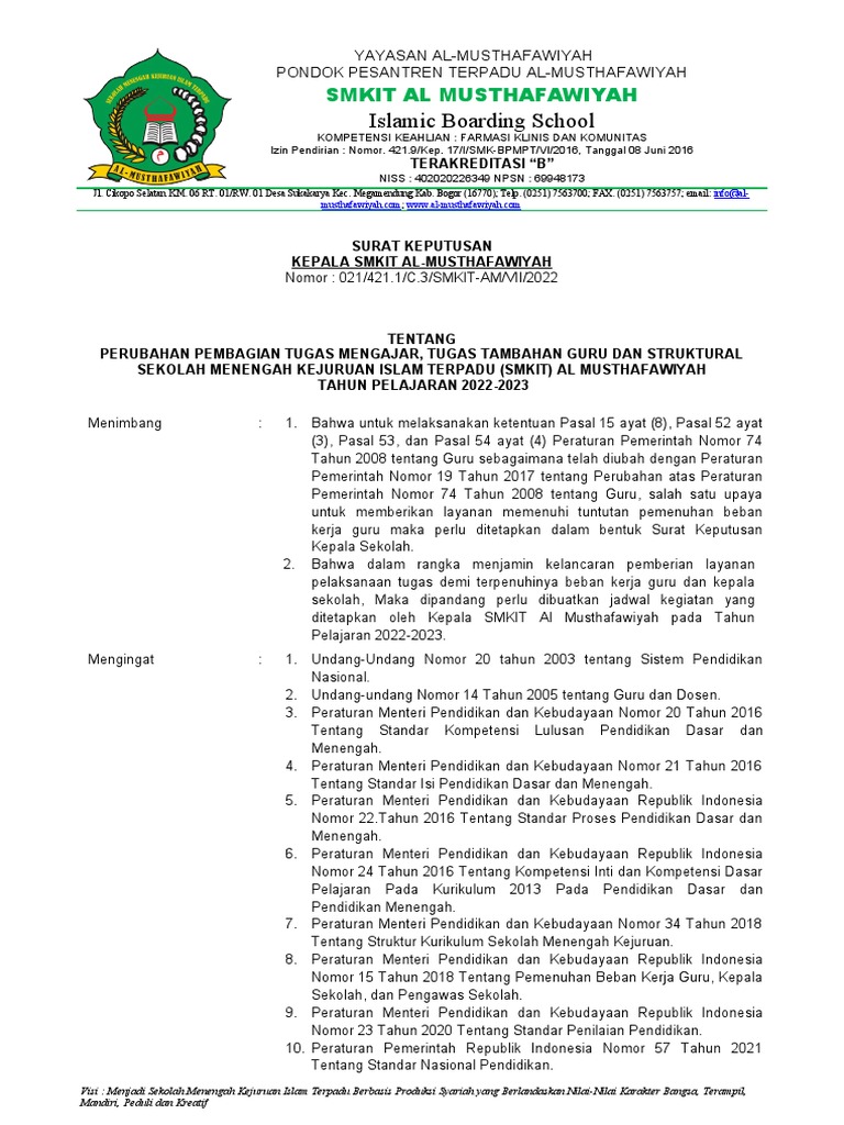 Revisi SK Distribusi Jam Mengajar Dan Struktural TP.2022-2023 | PDF