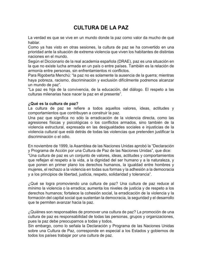 Cultura De La Paz Pdf Paz Violencia