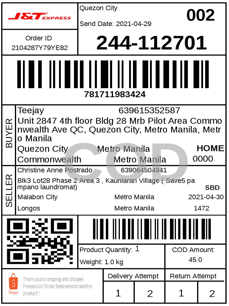 Air Waybill.J - T Express - 1 | PDF